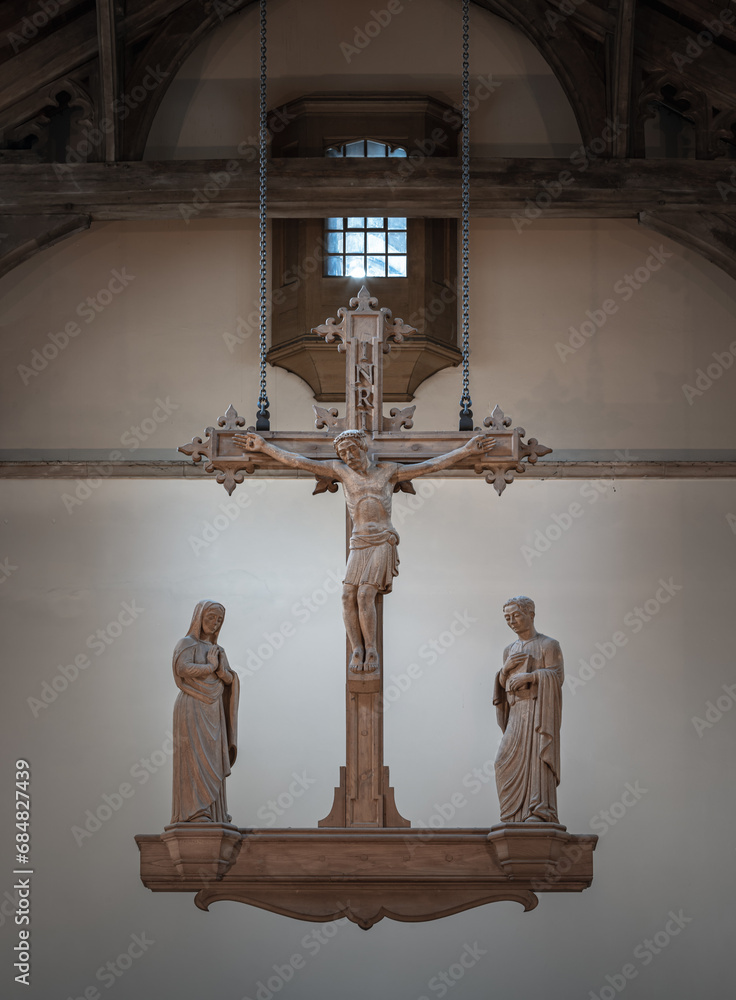 The Rood, hanging above the altar. Jesus hanging on the cross and The ...