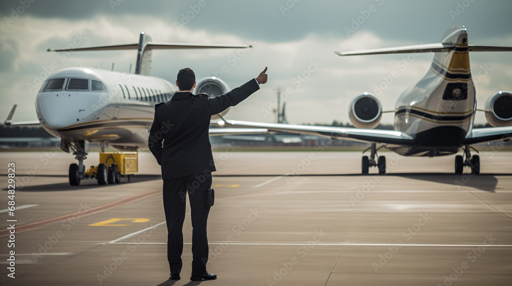 ground crew marshal signaling a private jet while taking off from the ...