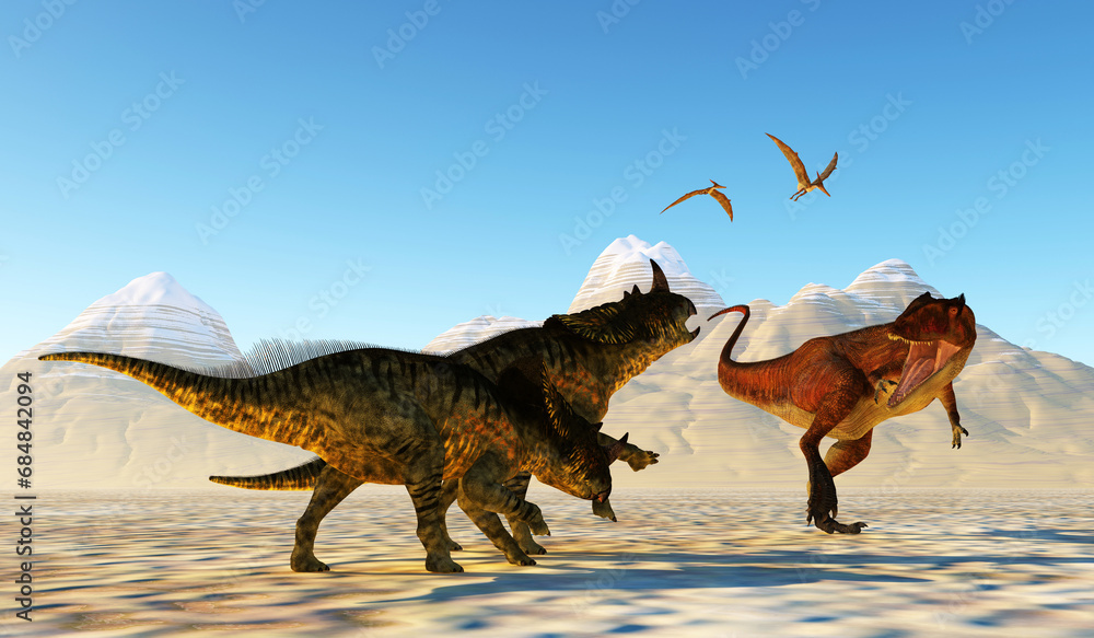 Carcharodontosaurus attacks Brachyceratops - Flying Pteranodon reptiles ...