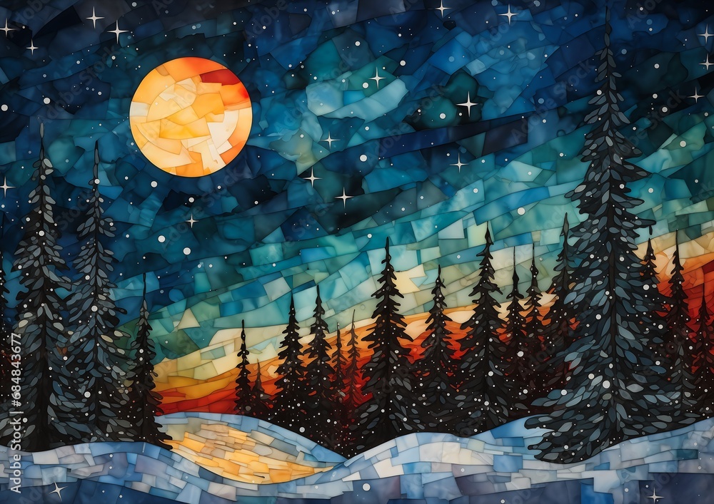 night scene full moon trees torn paper texture white snow golden ...