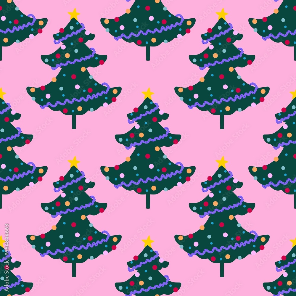 Cartoon retro seamless Christmas tree and balls pattern for wrapping ...