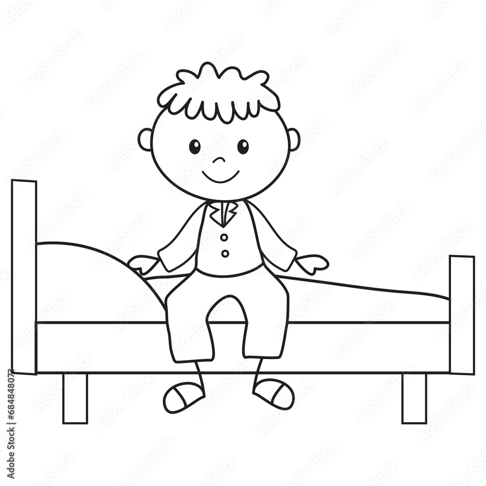 Stick figure boy in pajamas sitting on the bed vector cartoon ...