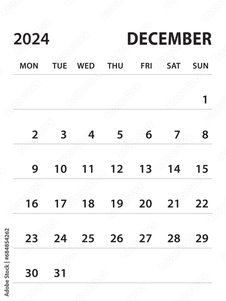 December 2024-Calendar 2024 template vector on white background, week ...