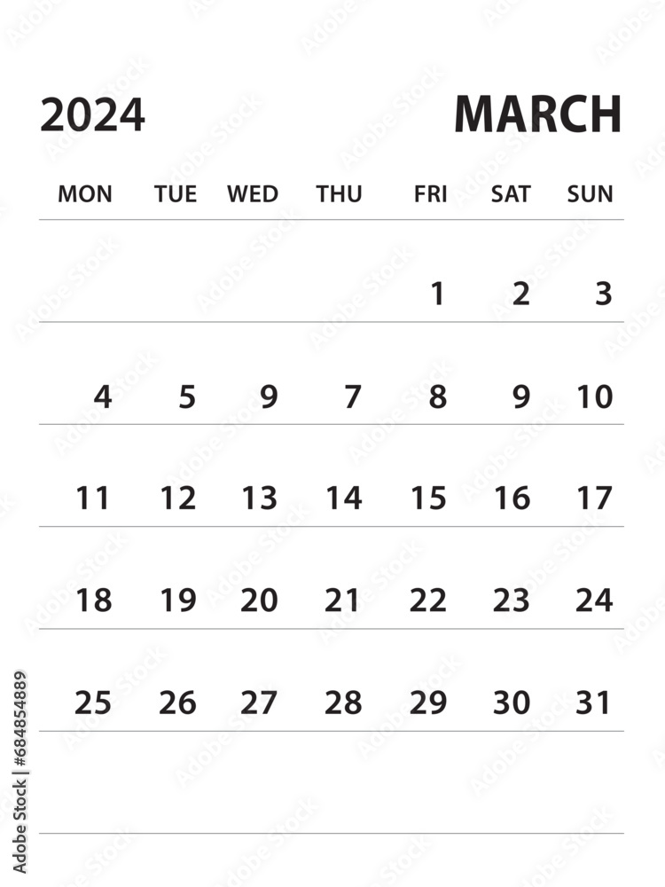 March 2024-Calendar 2024 template vector on white background, week ...