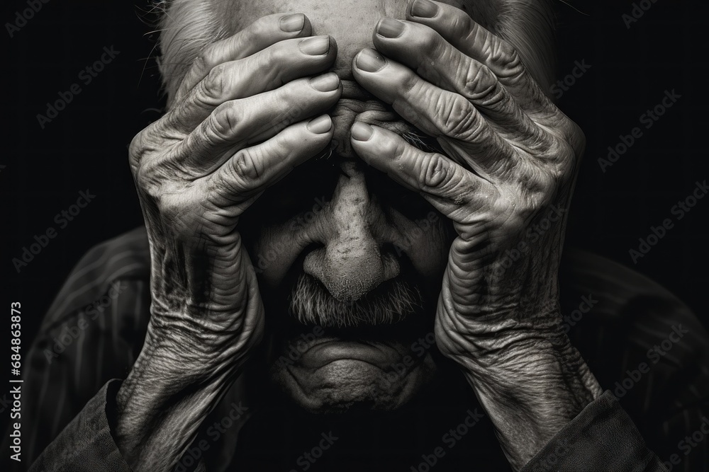 Elderly Man Crying, Senior Mental Health Illustrated in Black and White ...