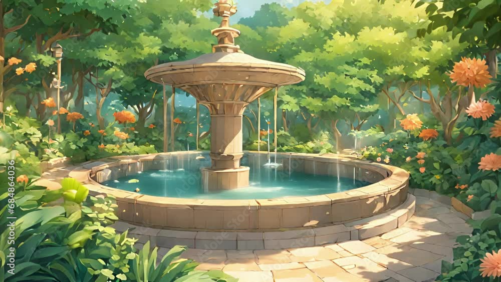 peaceful oasis with trickling water fountain, surrounded lush green ...