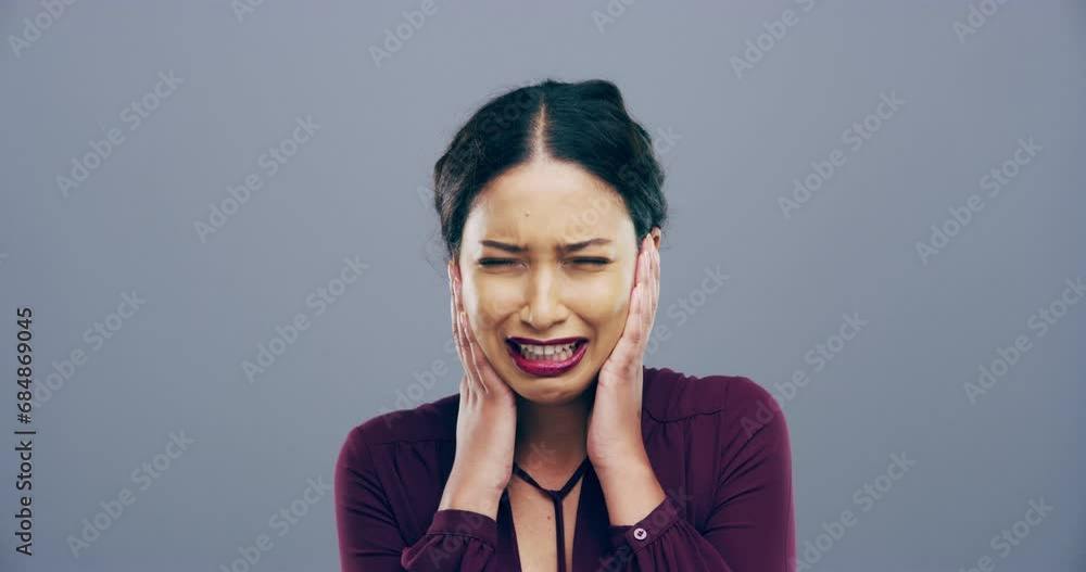 Sad, crying and face of asian woman in studio with depression, broken ...