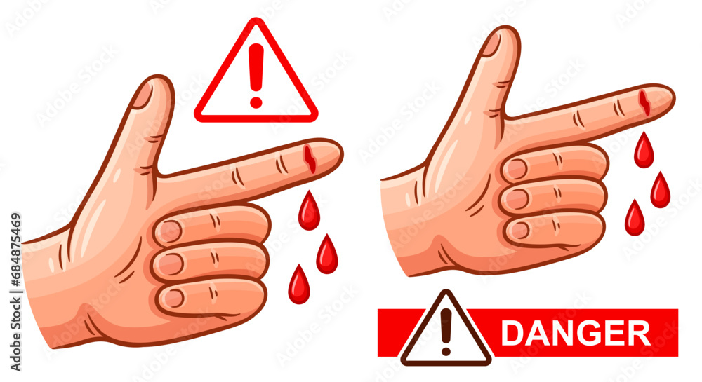 Hand finger cut injury risk warning sign, skin hurt wound with blood ...