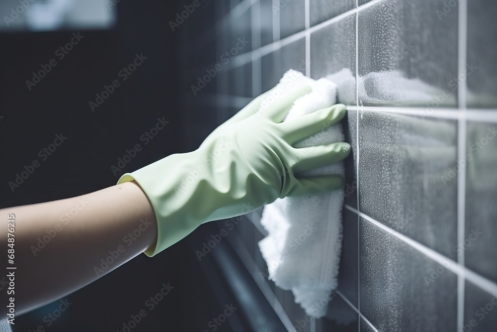 Person wearing glove cleaning window with disinfectant, ensuring a ...