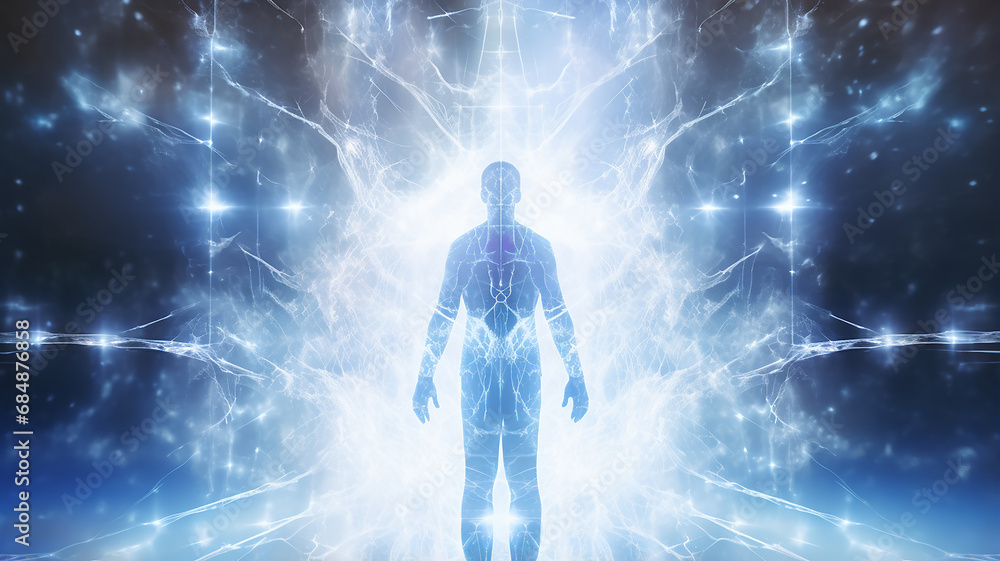 power of mind, energy, the silhouette of a person against the ...