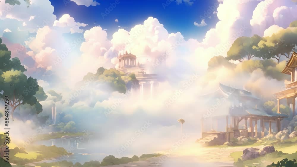 heavenly paradise, filled with pure white clouds that glow with ...