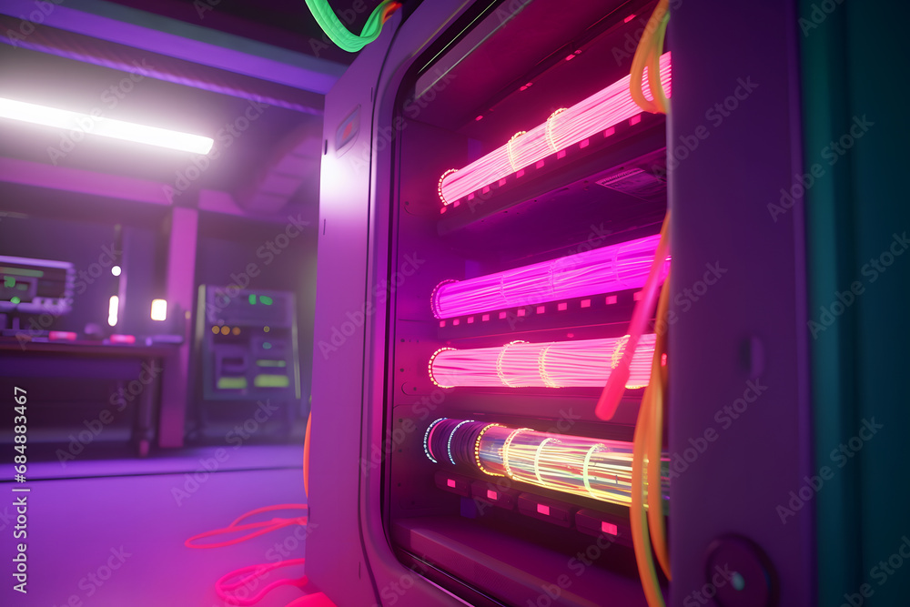 Shot picture of modern dark server room with neon. Neural network AI ...