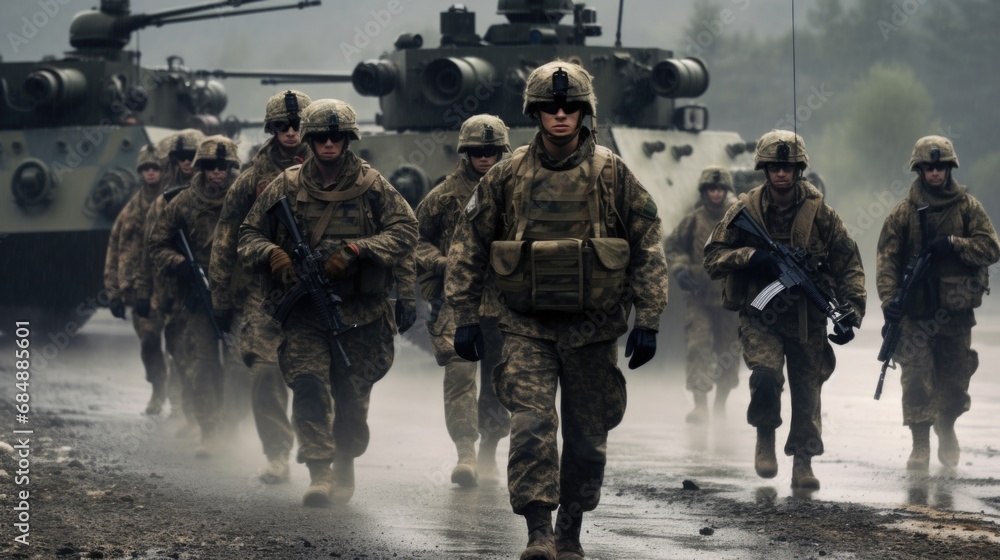 Group of soldiers go on operation with weapons and tanks, on a war ...