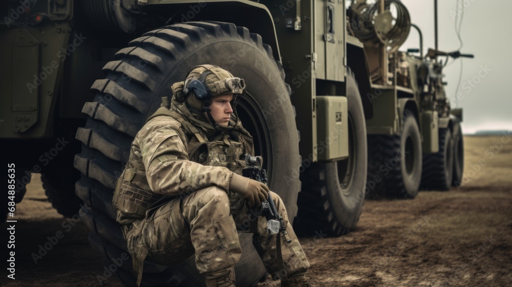 Soldier with machine gun sitting near big wheel of armored vehicle ...