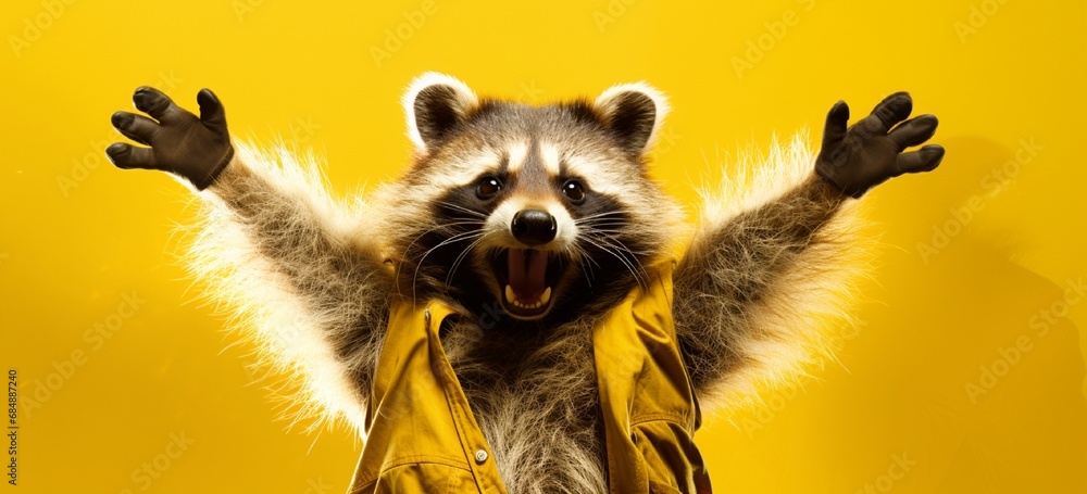 Excited raccoon with a big smile and arms raised in celebration on ...
