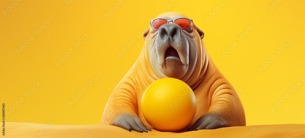 Goofy walrus balancing a yellow beach ball on its nose on yellow. Stock ...