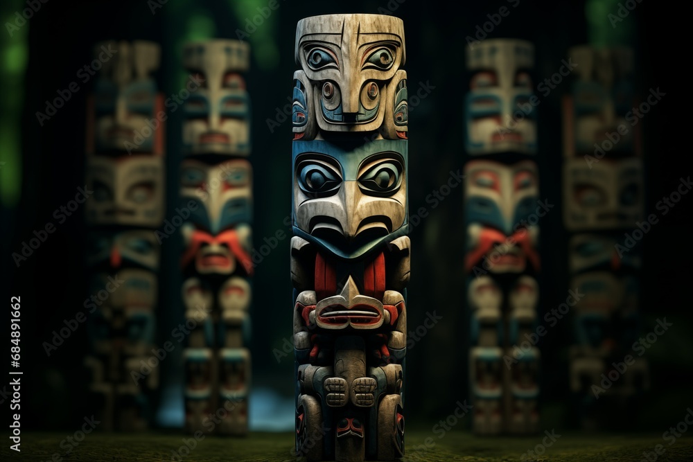 Native American totem pole, each carved figure representing ancestral ...