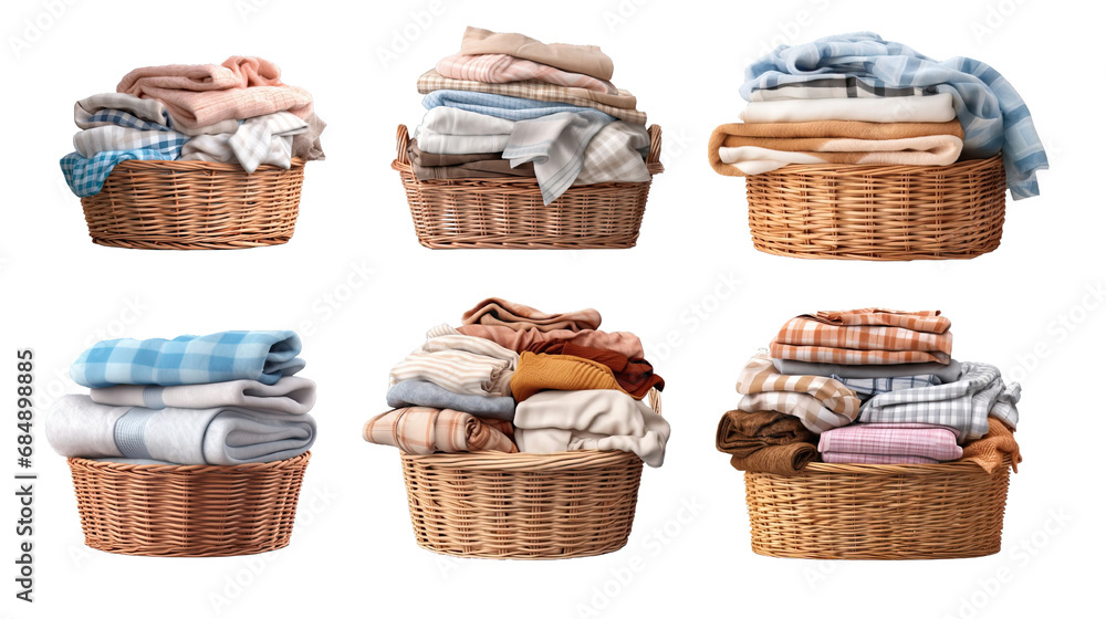 Collection of PNG. Stack of clean clothes and wicker basket with clean ...
