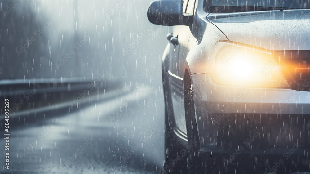 rain autumn headlights car highway fog, background with a copy of the ...