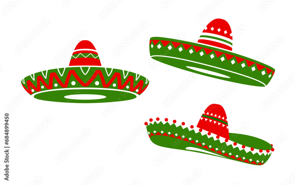 Mexican sombrero hats in national flag colors. Vibrant red, white, and ...