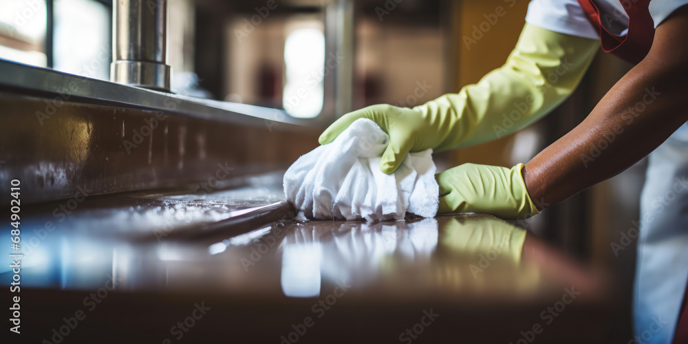 The scene of a diligent cleaner in white gloves scrubbing a toilet, set ...