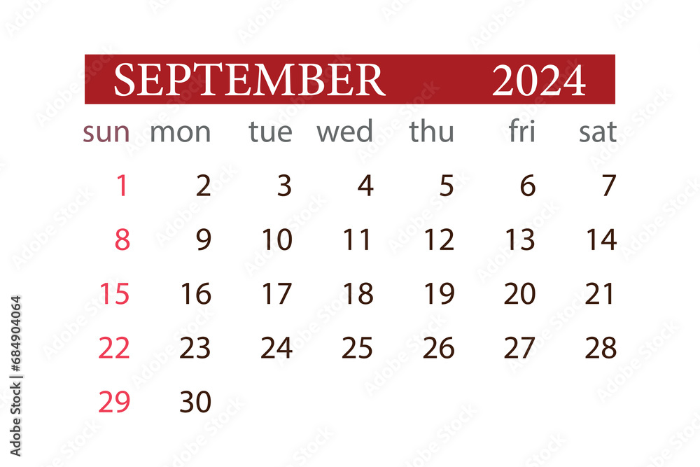 Vector SEPTEMBER 2024 calendar monthly planner start sunday template ...