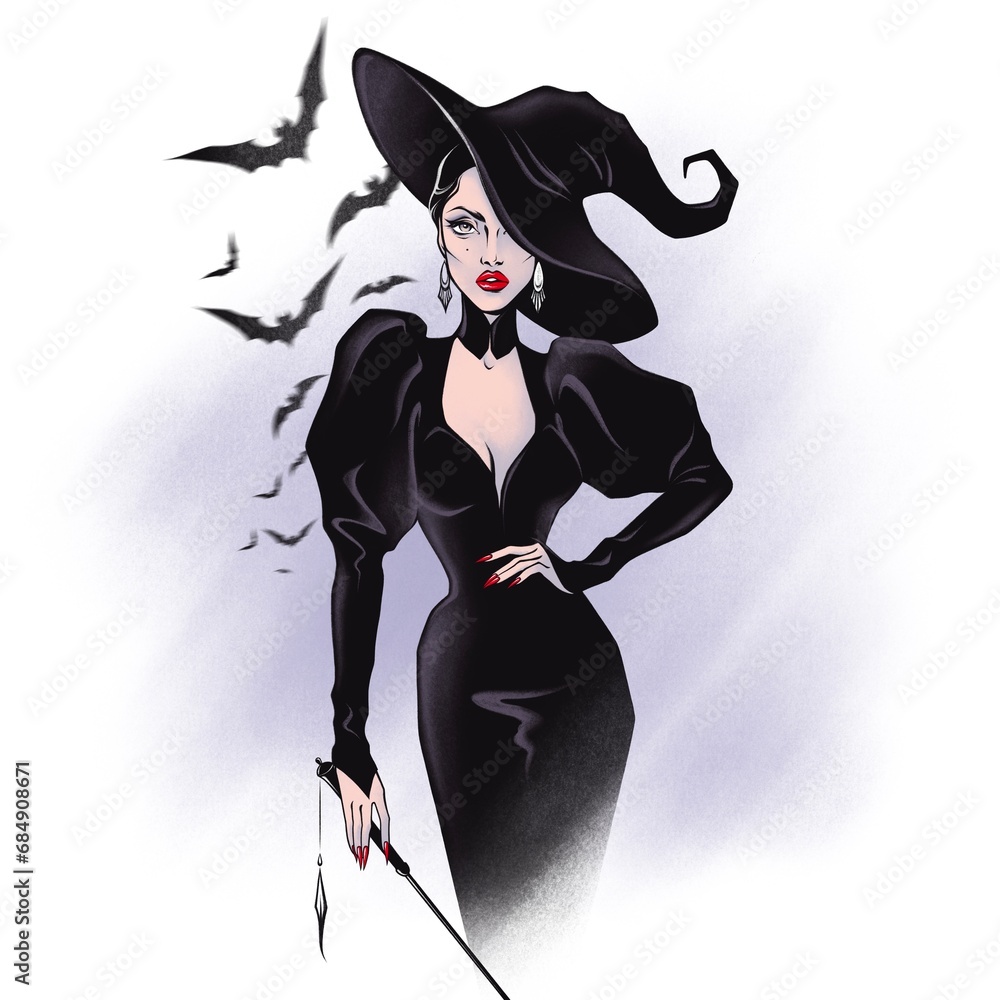 Hand drawn Pin Up Girl art in burlesque retro style. halloween witch ...