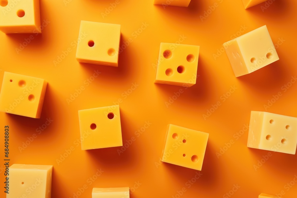 Pattern of assortment cheeses on yellow background. Different kinds of ...