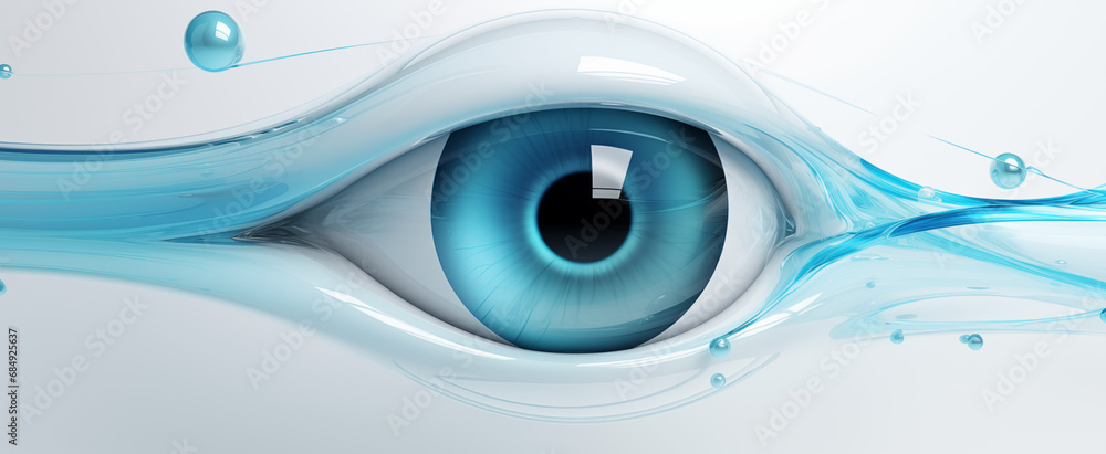 blue eyeball is seen through circular lens in white background with ...