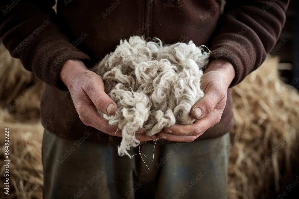 Old man gathers sheared sheep wool from ground on farm yard closeup ...