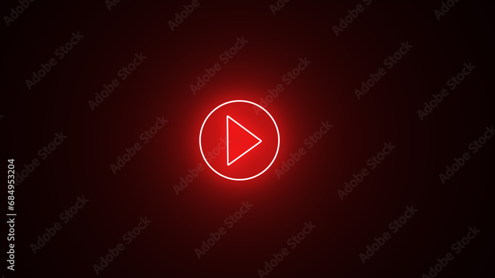 Glowing red color play button on black background. Play right navigate ...