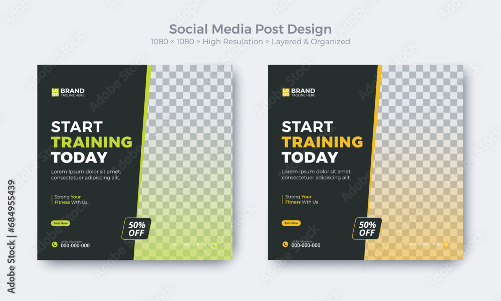 Fitness social media post design. Gym square post banner design vector ...