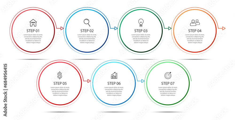 simple infographic vector design 7 steps or parts, circles with thin ...