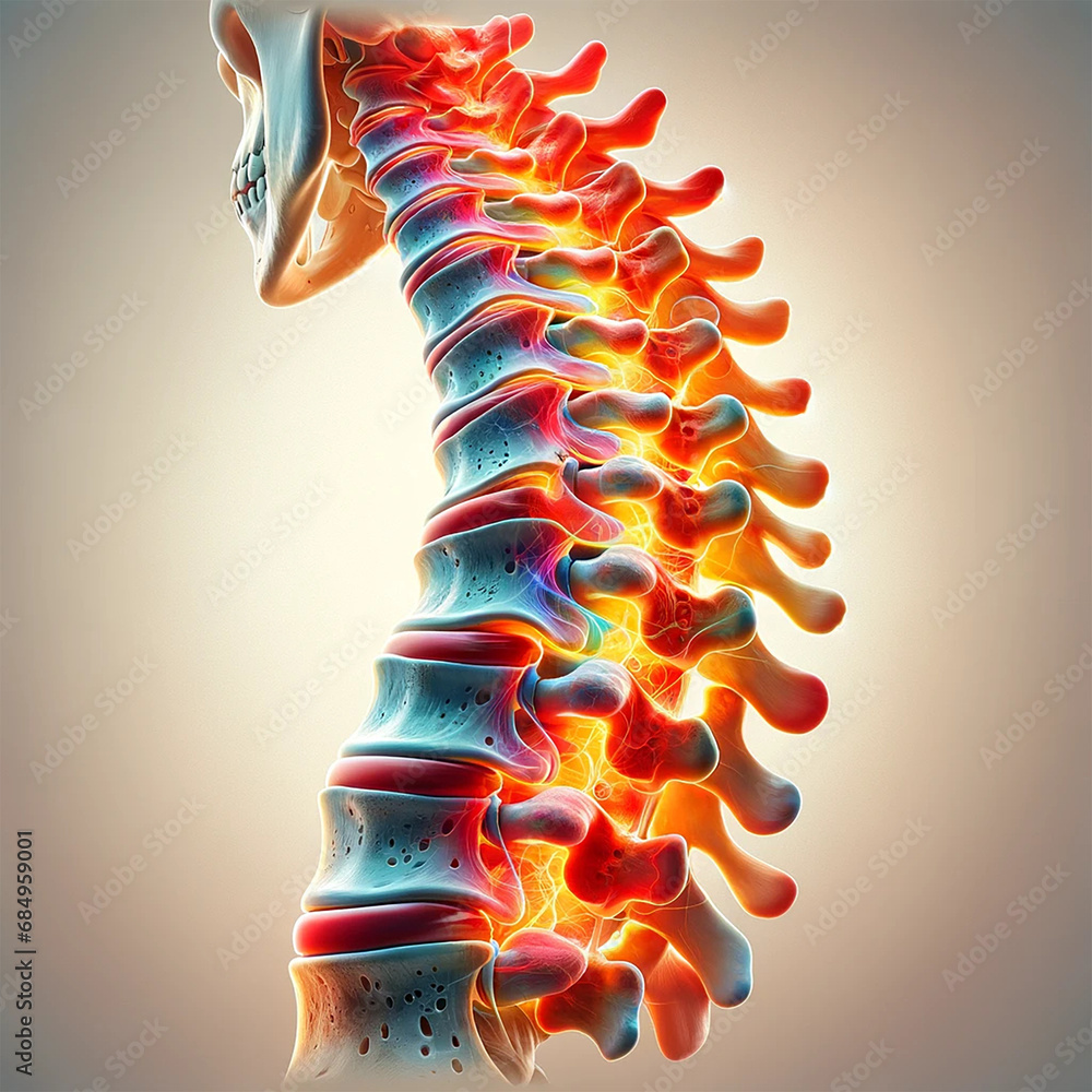Anatomical illustration of a human spine with vertebrae experiencing ...