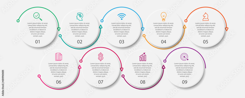 nine step infographic, simple infographic vector design with thin and ...