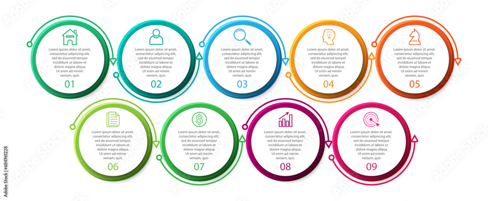 nine step infographic, simple infographic vector design with thin and ...
