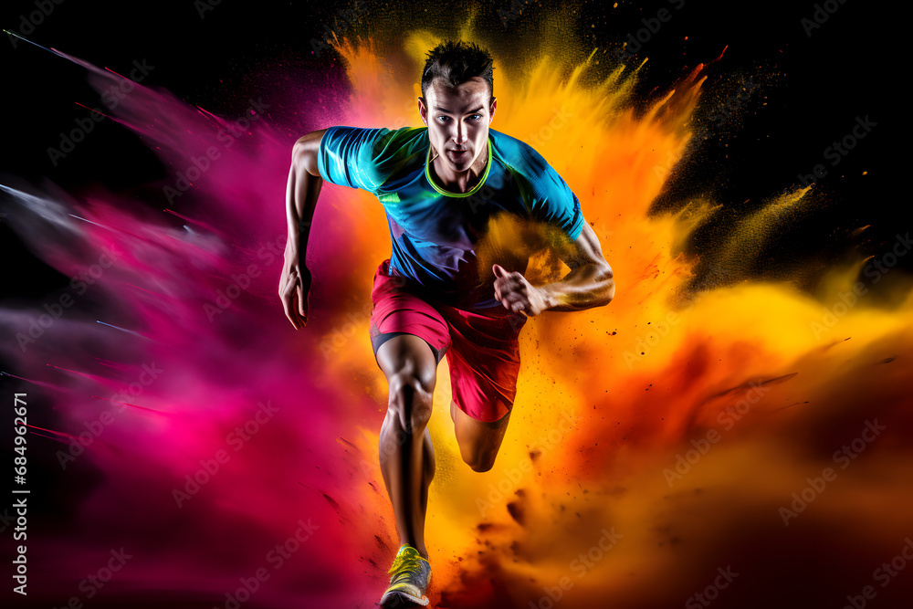 Energetic Sprint and a Burst of Willpower in Vibrant Colors in a Studio ...