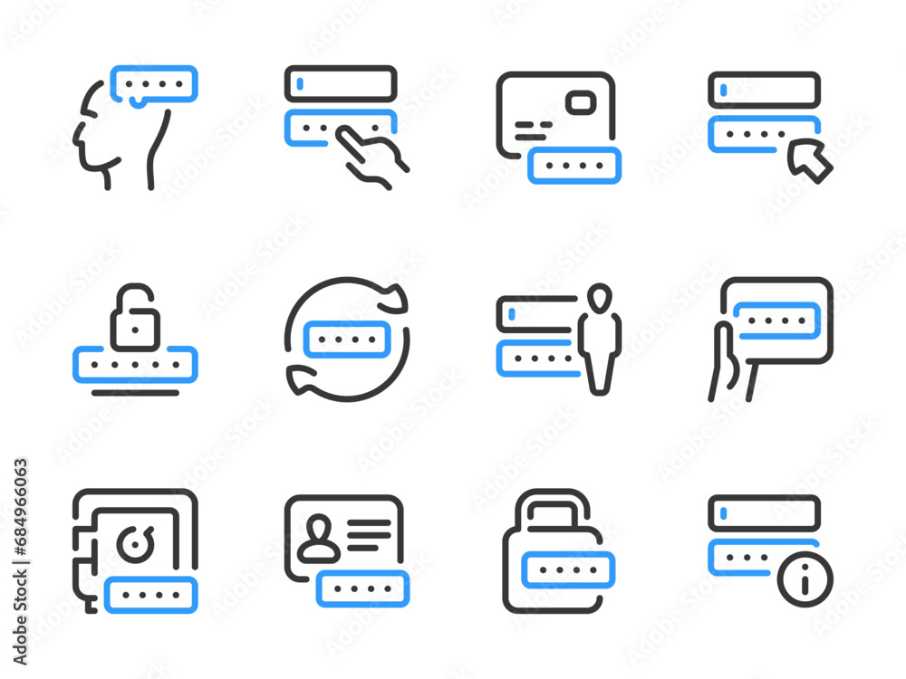 Vetor de Password and Entry vector line icons. Pass code and Login ...