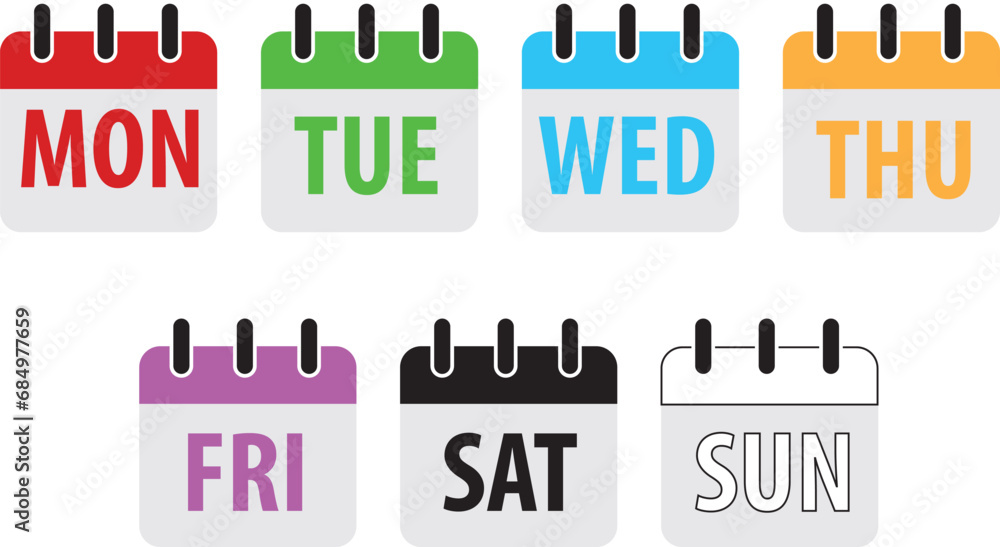 Vector set square icon pages calendar, days of the week - Sunday ...