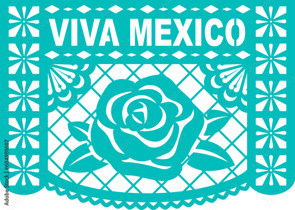 Viva Mexico paper cut flag papel picado. Vector floral bunting with ...