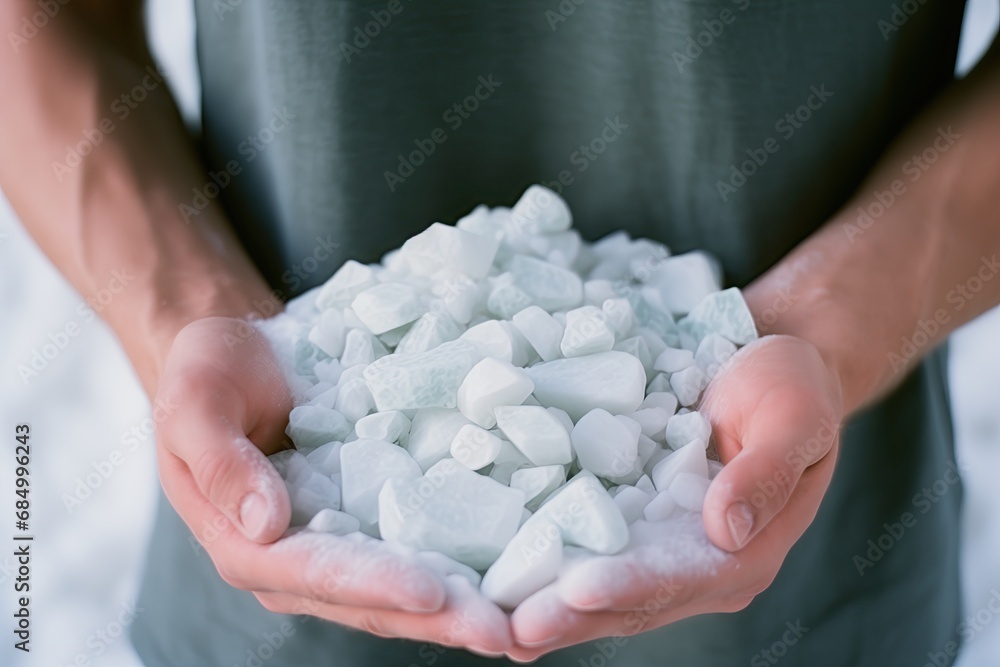 A person holding a handful of chalkstone in their hands. A pile of ...