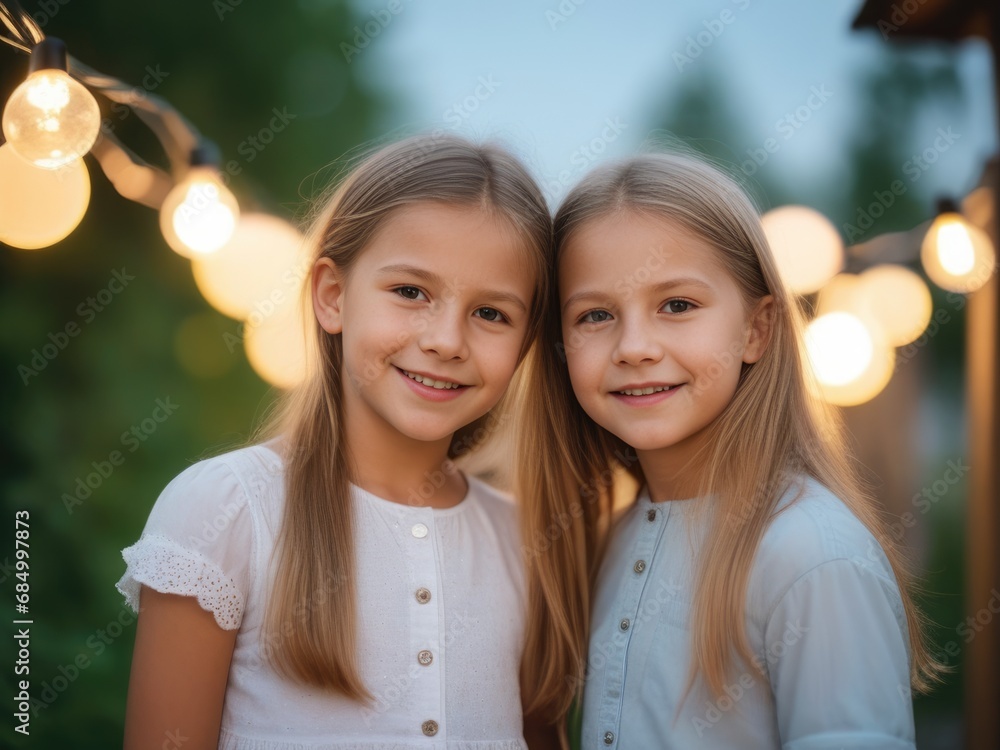 Summer evening.Two preteen sisters posing in a park Stock Photo | Adobe ...