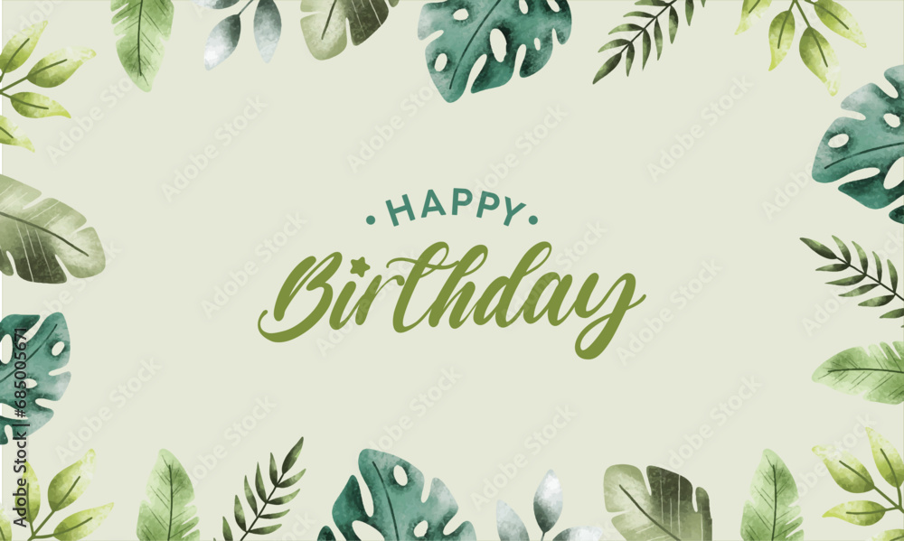 tropical green leaves and line art graphic. Floral border. Save the ...