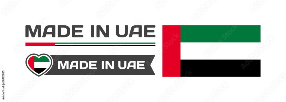 Made in UAE icons. National flag of UAE in the shape of a square, heart ...