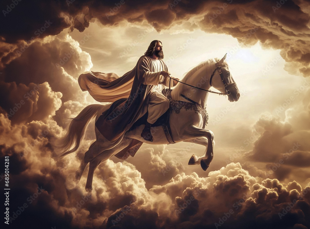 Jesus Christ riding a white horse on the clouds of Heaven Stock Photo ...