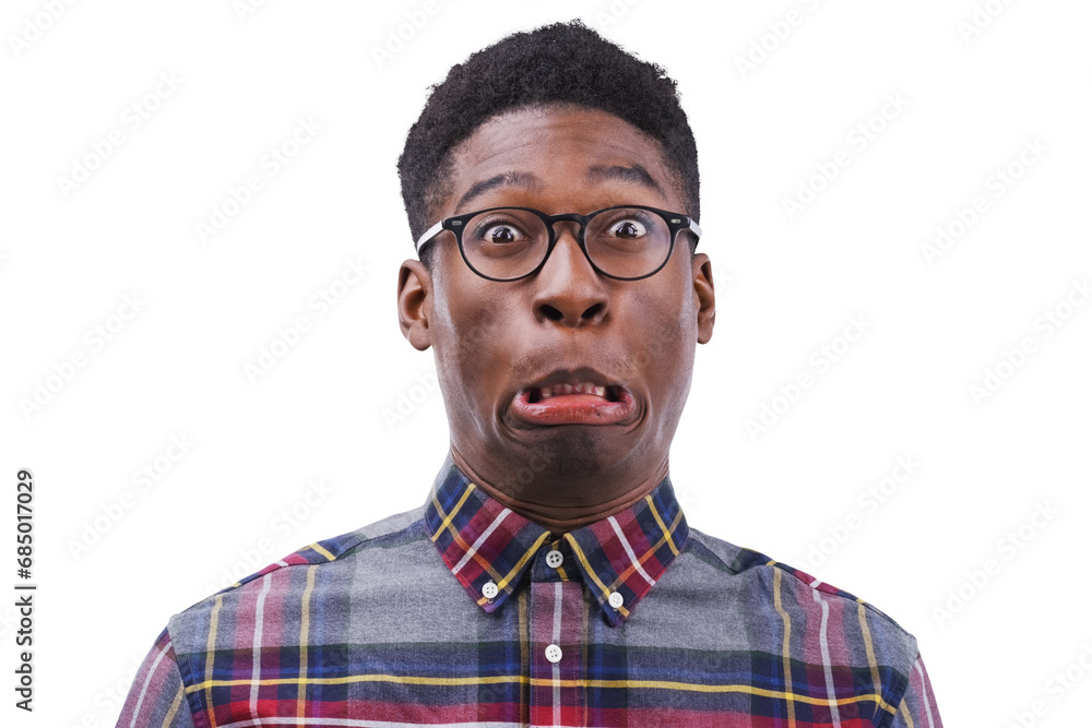 Oops, portrait and funny black man with comic expression on isolated ...