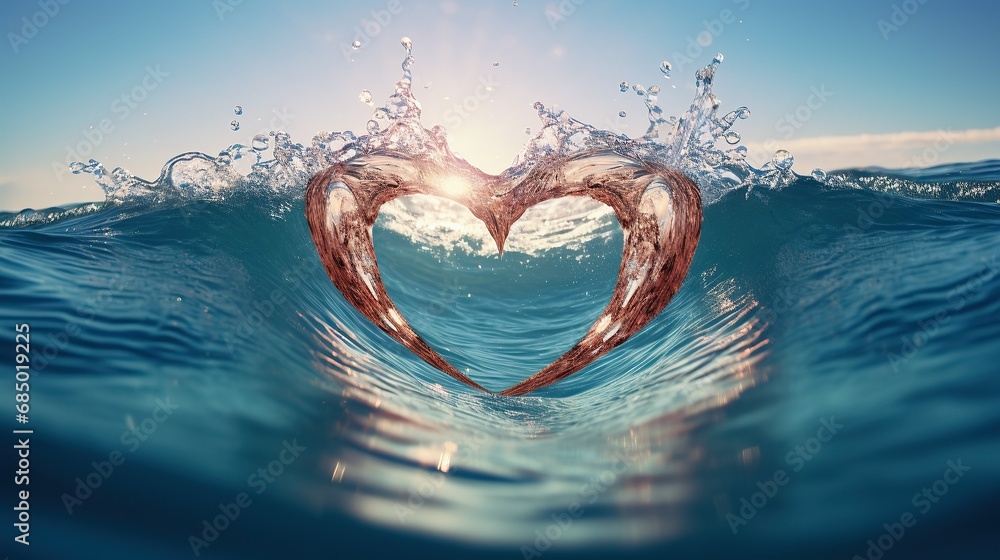 A heart-shaped splash rises from the ocean's surface, perfectly framing ...