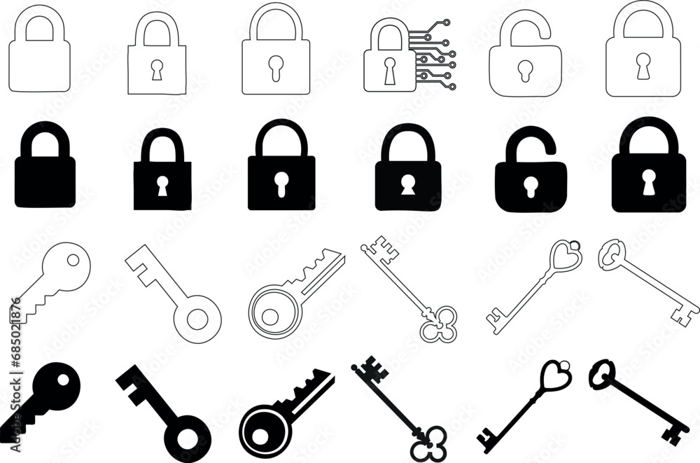 Lock, key vector illustration set, black, white. Security, safety ...