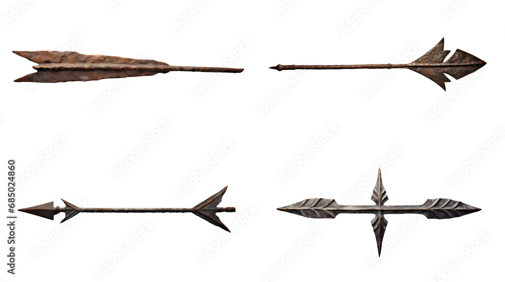 Set of four wrought iron arrows, pirate weapons isolated on transparent ...
