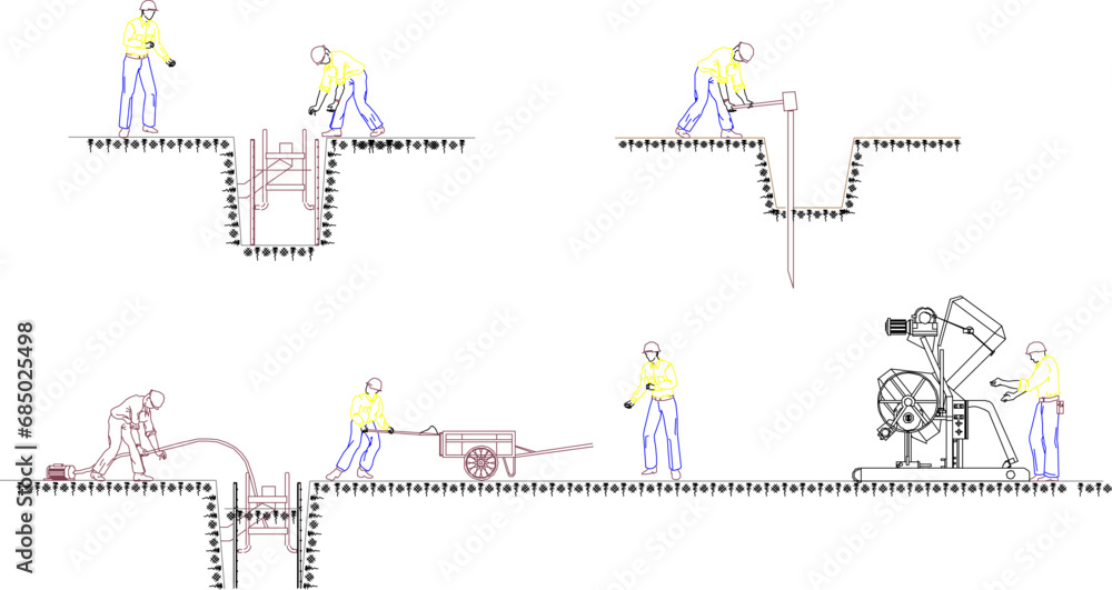 Vector sketch illustration of detailed technical drawing design work ...